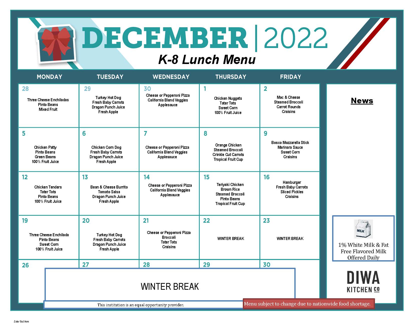 News | December Food Menus