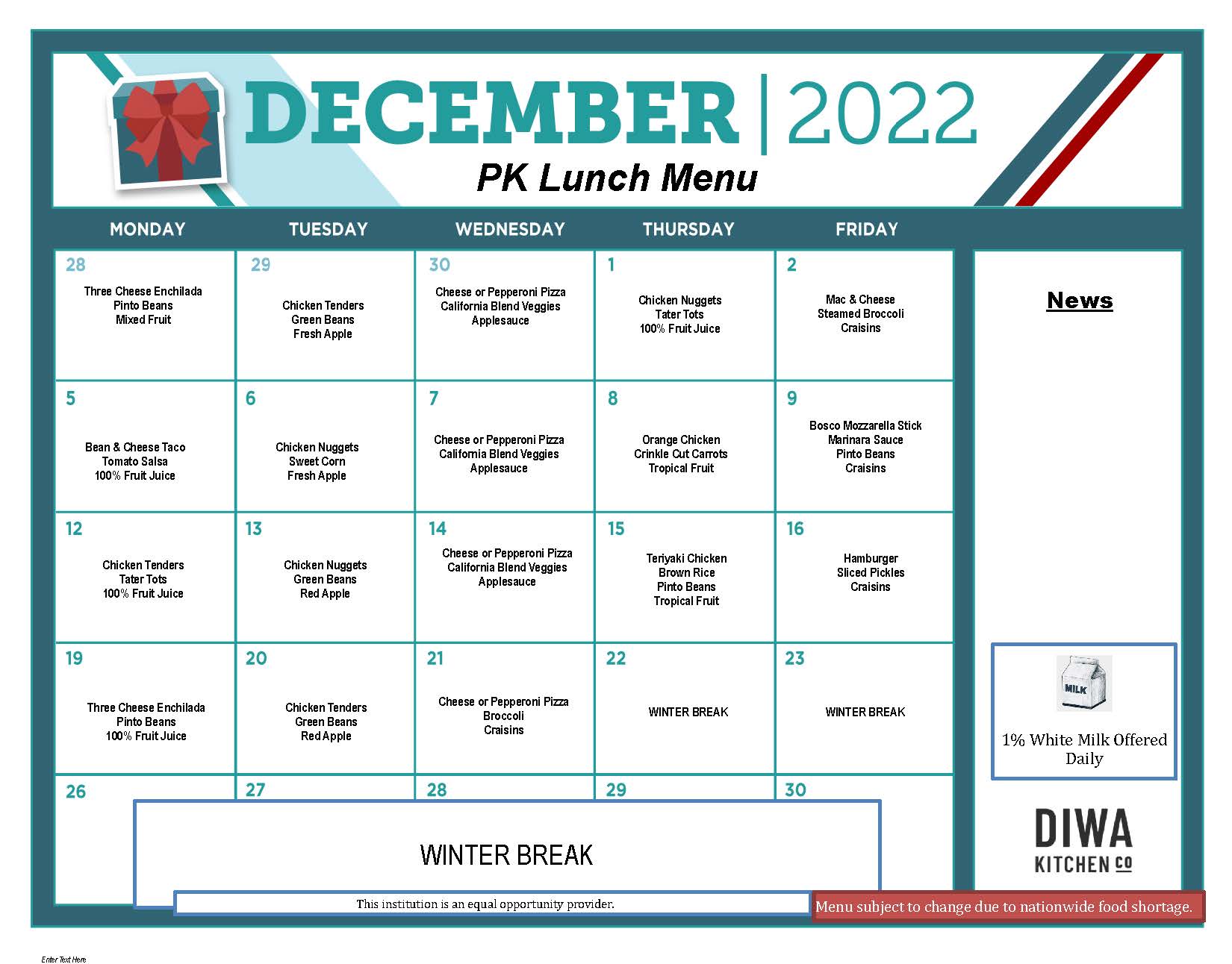 News | December Food Menus