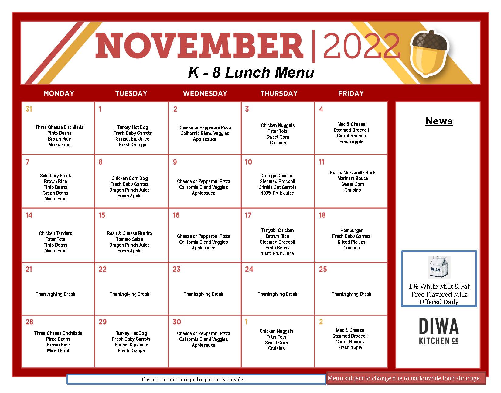 News | November Lunch Menu