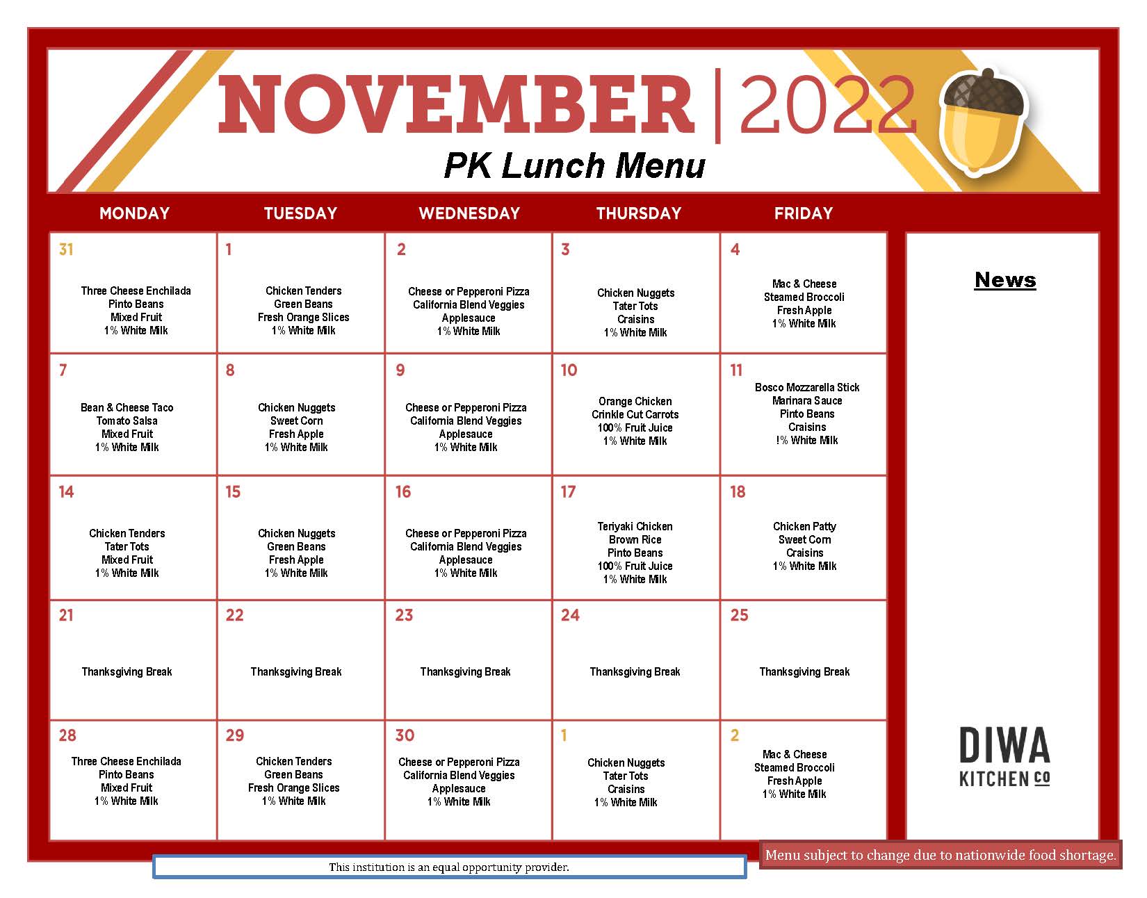 News | November Lunch Menu