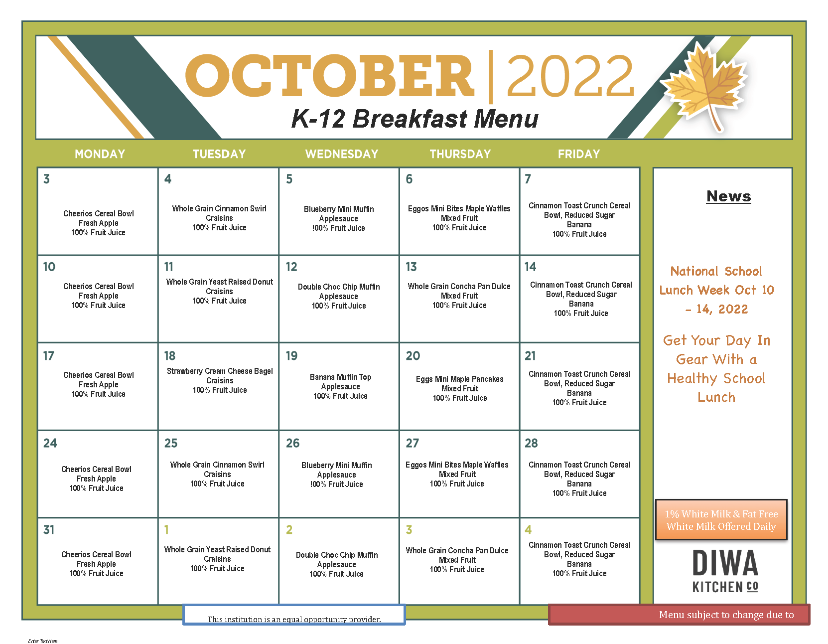News | K-6 October Breakfast Menu