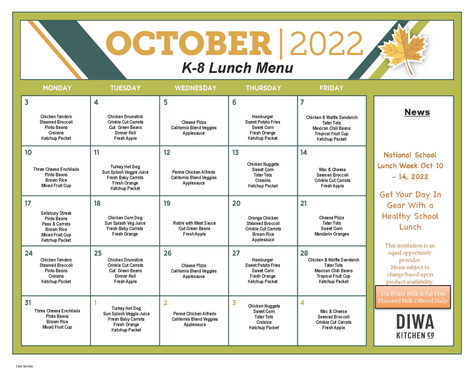 News | K-6 October Lunch Menu