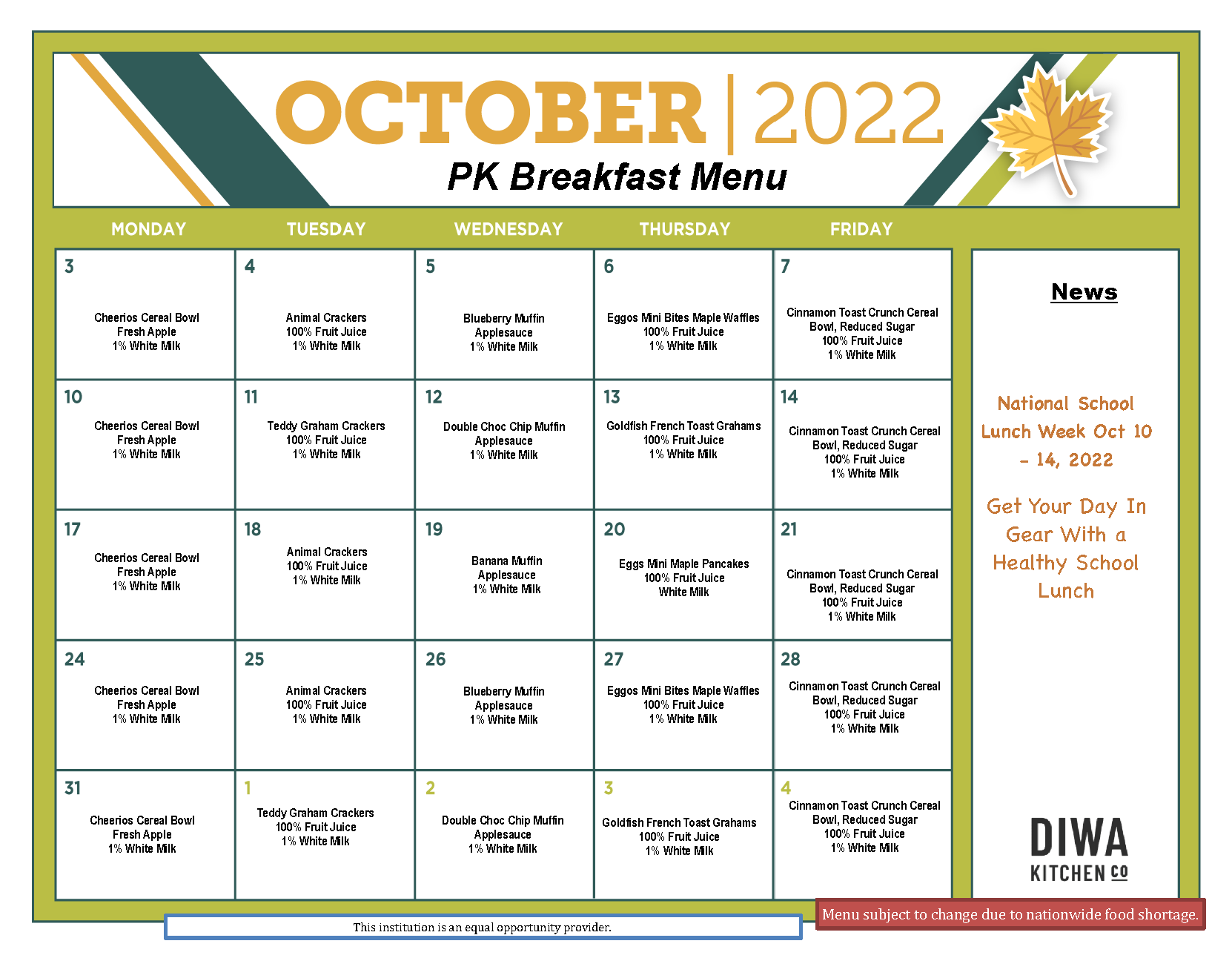 News | Pre-K October Breakfast Menu